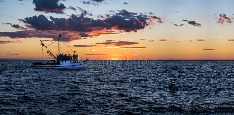 Small Ship in Sea. Summer Day Sunset Stock Image - Image of navy ...