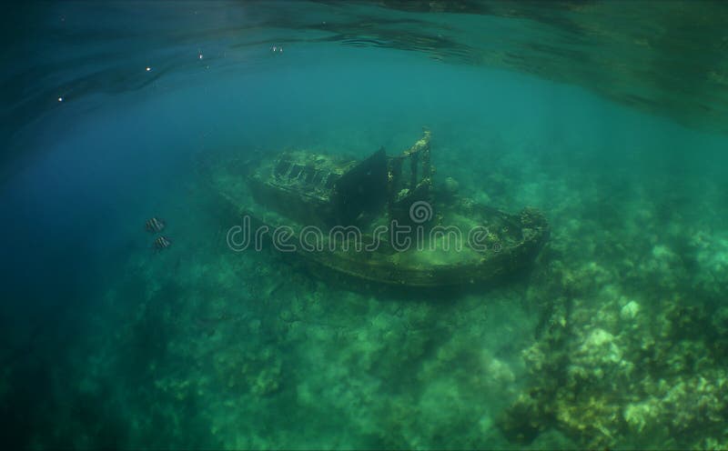 A Small Ship Sunk on a Reef on the Island Stock Photo - Image of diving ...