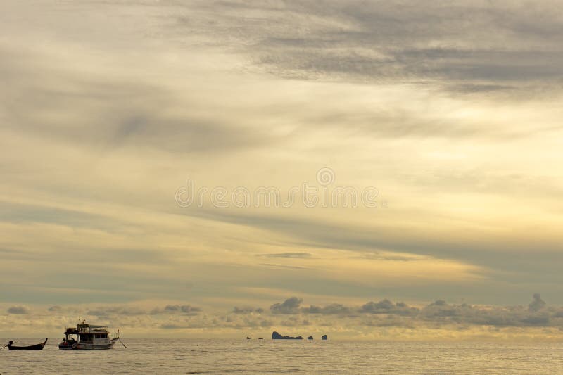 Small Ship at the Sunset Sky Stock Photo - Image of alone, fishing ...
