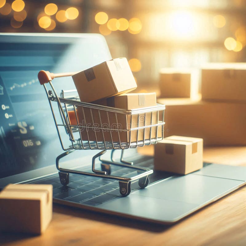 A Small Shopping Cart Overflowing with Cardboard Boxes Sits on a Laptop ...