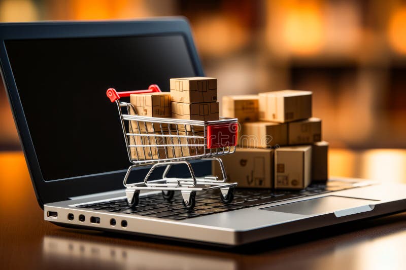 Small Shopping Cart Sitting on Top of Laptop Computer. Generative AI ...