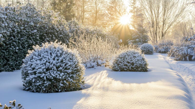Small Shrubs Coated with Frost Under Soft Sunlight in a Snowy Garden ...