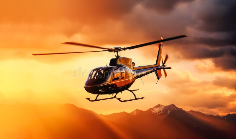 Small Sightseeing Tour Helicopter Flying Over Mountains at Sunset ...