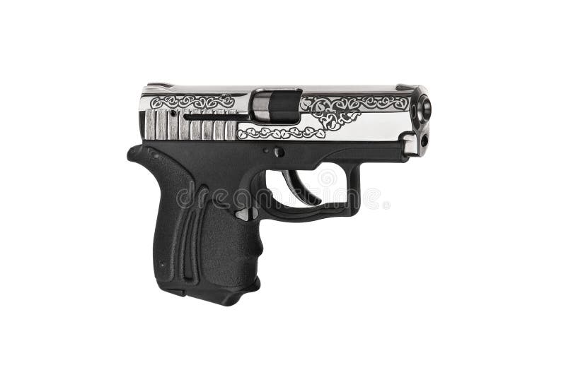 A Small Silver-black Pistol with a Pattern on the Body. Gift Weapon ...