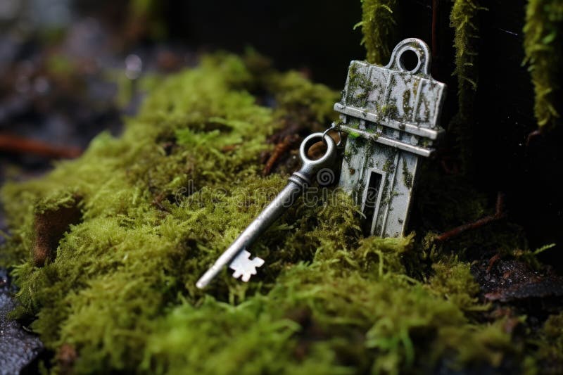 A Small, Silver House Key on a Pile of Bricks Covered in Moss Stock ...