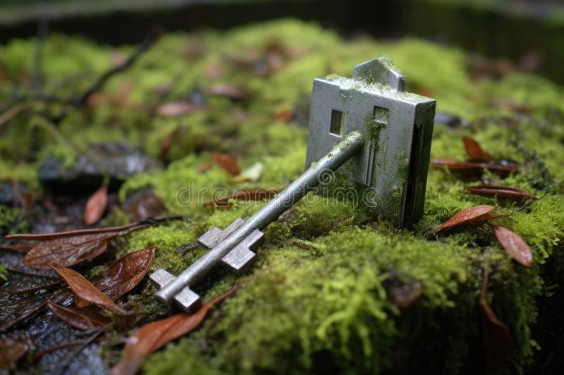 A Small, Silver House Key on a Pile of Bricks Covered in Moss Stock ...