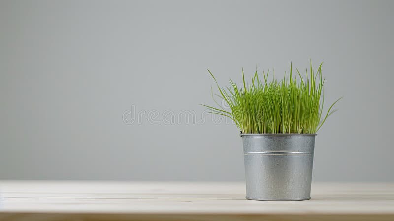 A Small Silver Pot Holds Vibrant Green Grass, Placed on a Weathered ...