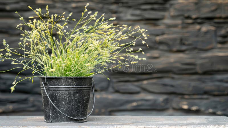 A Small Silver Pot Holds Vibrant Green Grass, Placed on a Weathered ...