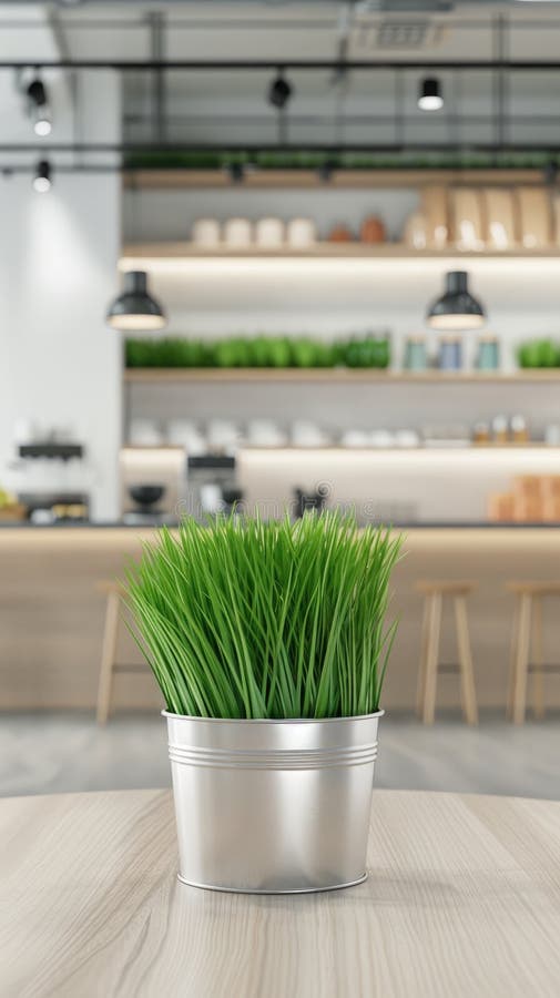 A Small Silver Pot Holds Vibrant Green Grass, Placed on a Weathered ...