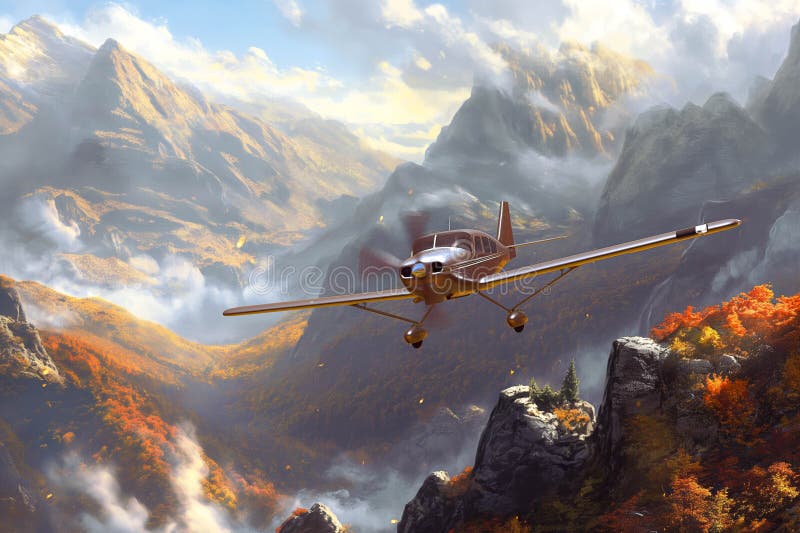 A Small, Single-engine Plane Flying Over a Rugged Mountain Range, with ...