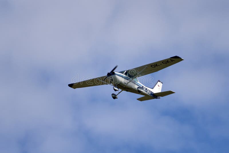 Small Single-engine Propeller Airplane Flying through a Clear Sky Stock ...
