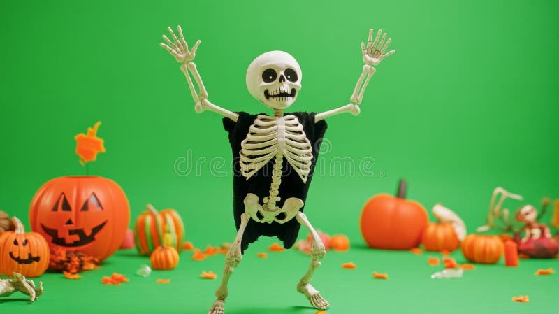 A Small Skeleton in a Black Outfit Dances Joyfully Surrounded by ...