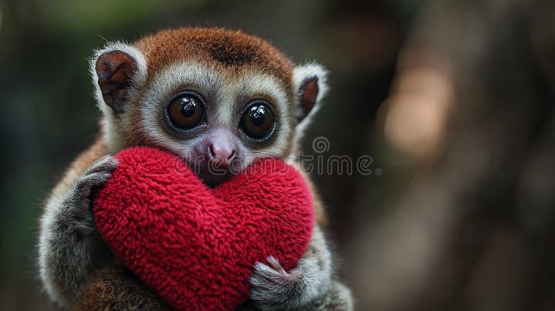 A Small Slow Loris with Big, Sparkling Eyes, Gently Hugging a Plush ...