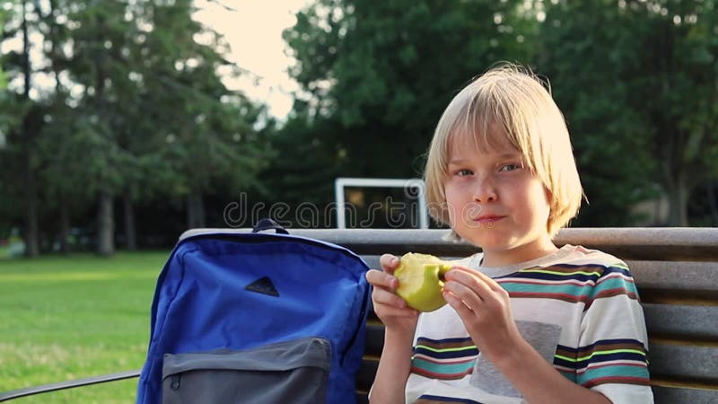 Small Smiling Schoolboy Sitting on Bench in Park Near School Yard with ...