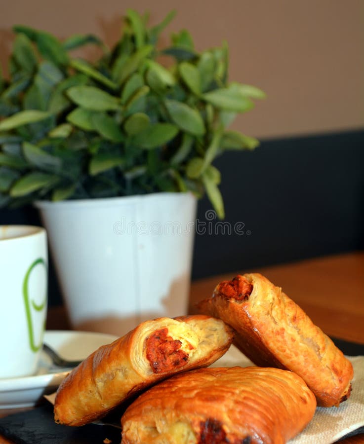 Pizza Small Scrolls Food with Coffee. Delicious Salted Breakfast. Stock ...