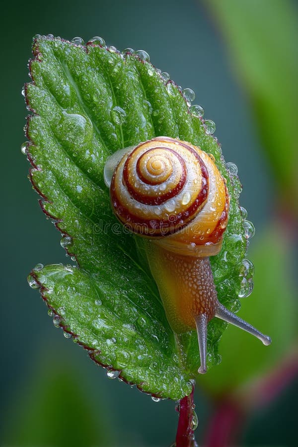Small Snail on Dew-Covered Green Leaf Stock Illustration - Illustration ...