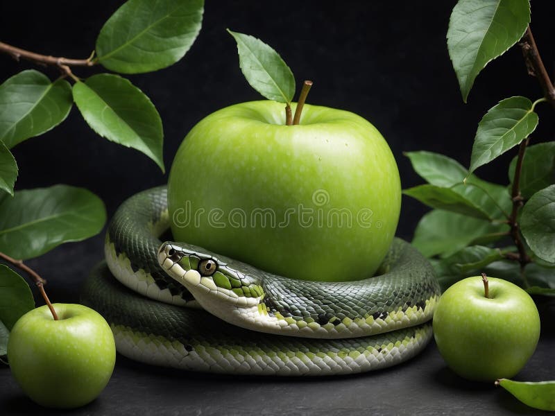 Small Snake Curled Around a Green Apple Stock Illustration ...