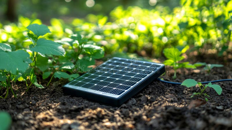 Small Solar Panel Amidst Growing Green Plants Stock Illustration ...
