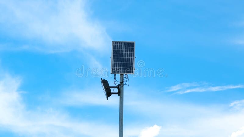Small Solar Panel with Digital LED Lights on Blue Sky with Sun. Solar ...