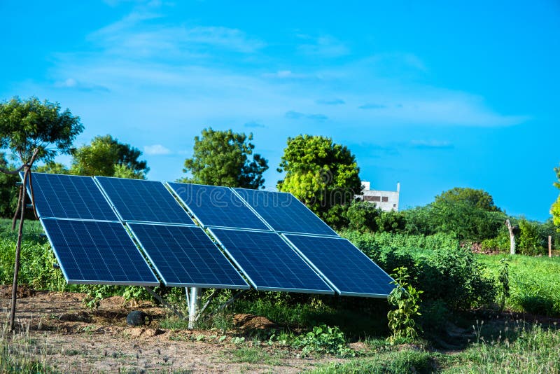 Small Solar Panel Setup Installed in Agriculture Field with Blue Sky ...