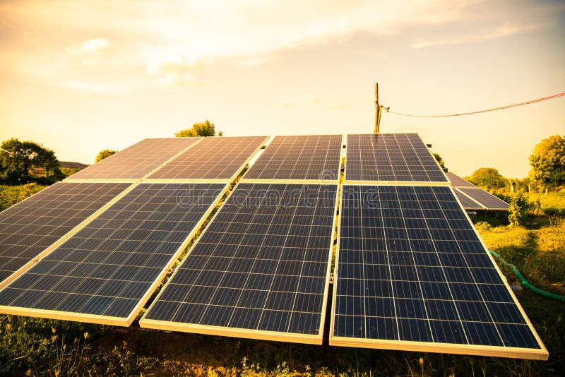 Small Solar Panel Setup Installed in Agriculture Field with Blue Sky ...