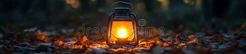 Solar Lantern Glowing in the Dark Surrounded by Leaves Stock ...