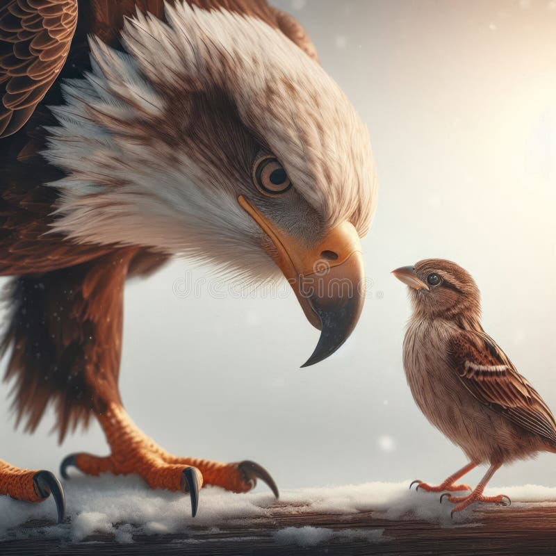 A Small Sparrow Looking at a Large Eagle. Stock Image - Image of ...