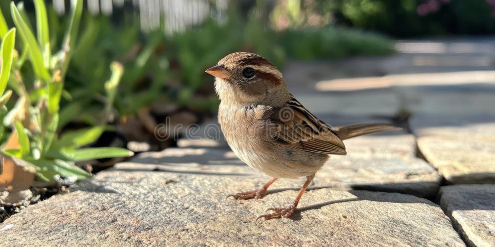Small Sparrow Perched on Stone Pathway in Sunlight Near Greenery Stock Image - Image of avian ...