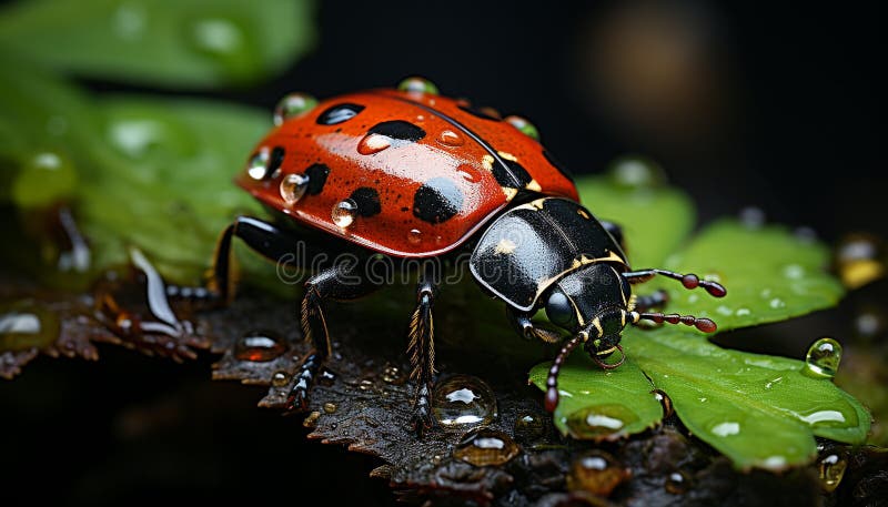 Small Spotted Ladybug Crawling on Wet Green Leaf in Springtime ...