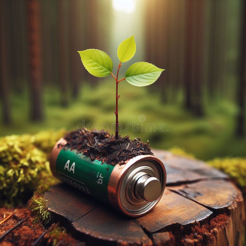 Small Sprout of Grass from an Old AA Battery Isolated on a Blurred ...