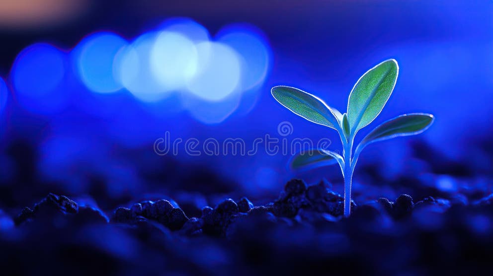 Small Sprout Growing in Dark Soil Under Blue Light Stock Image - Image ...