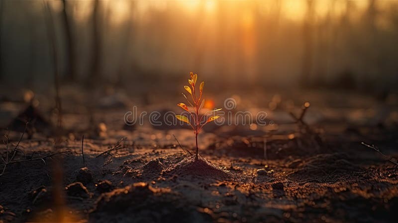 Small Sprout Growing Out of the Ground in the Forest at Sunset Stock ...