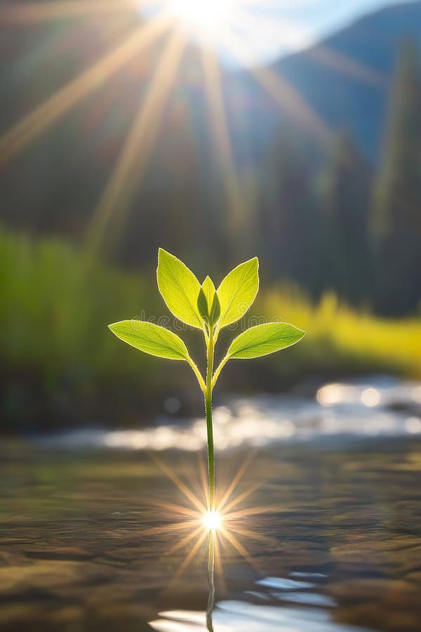 Small Sprout Growing in a Shallow Creek at Sunrise with Sunlight Rays ...