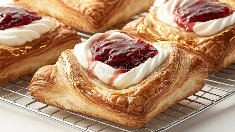 Small Square Cherry Pastries Sit on a Wire Rack, Adorned with Cream ...