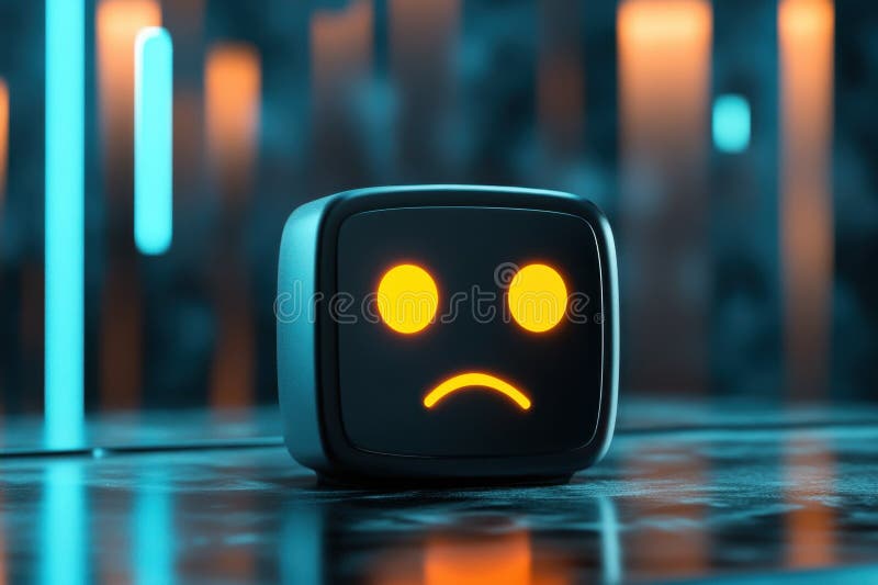 Digital Robot with a Sad Expression in a Futuristic Setting during the ...