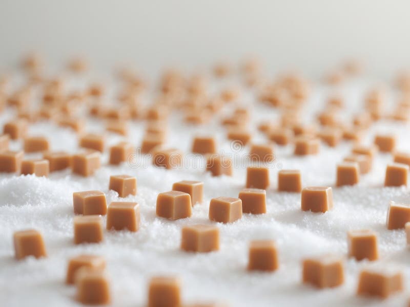 Small Squares of Caramel Candies Scattered Across a White Surface Stock ...