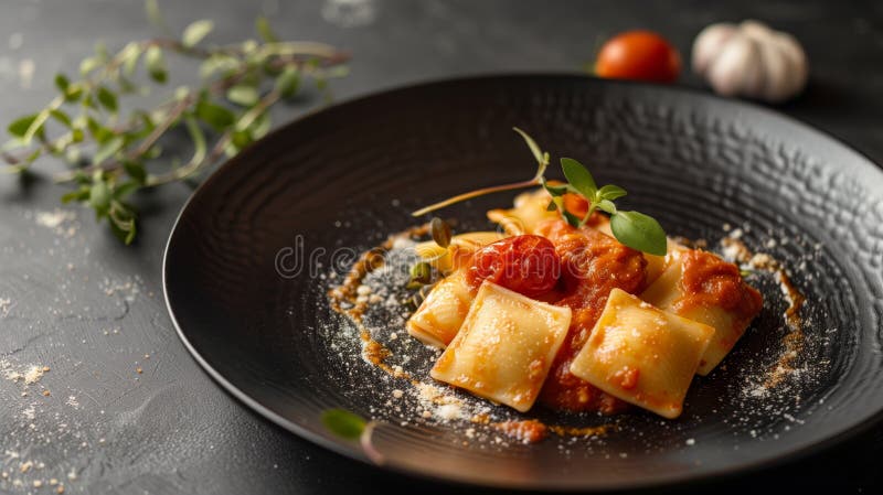 Small Squares Pasta with Ricotta-Tomato Souse on Black Plate. Stock ...