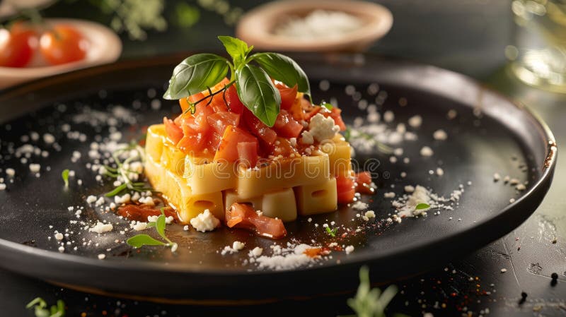 Small Squares Pasta with Ricotta-Tomato Souse on Black Plate. Stock ...