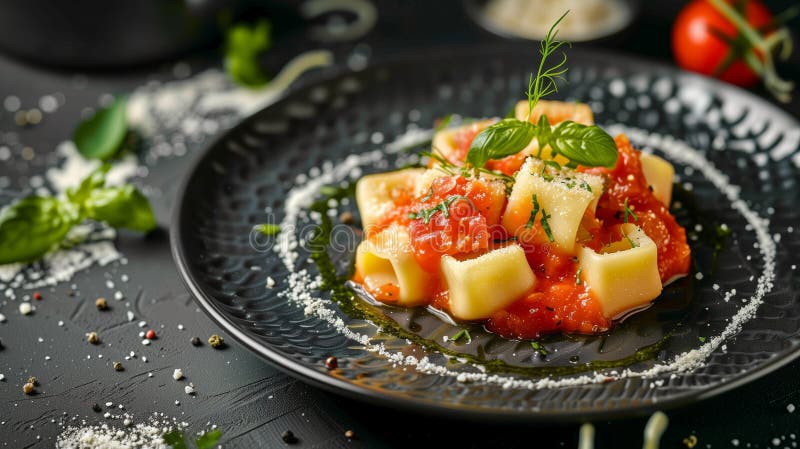 Small Squares Pasta with Ricotta-Tomato Souse on Black Plate. Stock ...