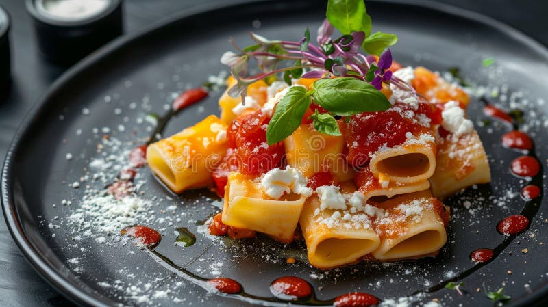 Small Squares Pasta with Ricotta-Tomato Souse on Black Plate. Stock ...