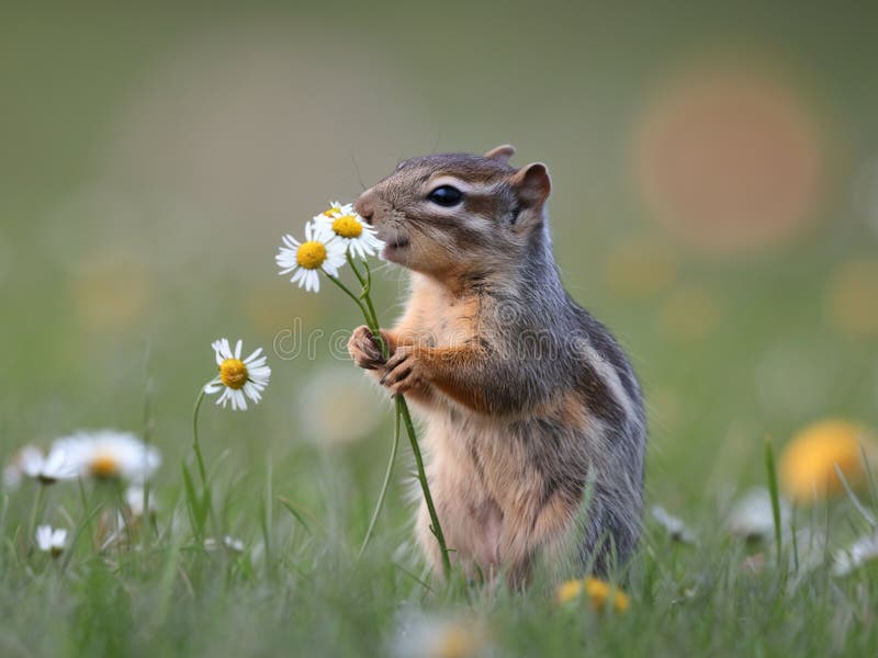 Small Squirrel Smelling a Daisy Flower in a Green Meadow Stock ...
