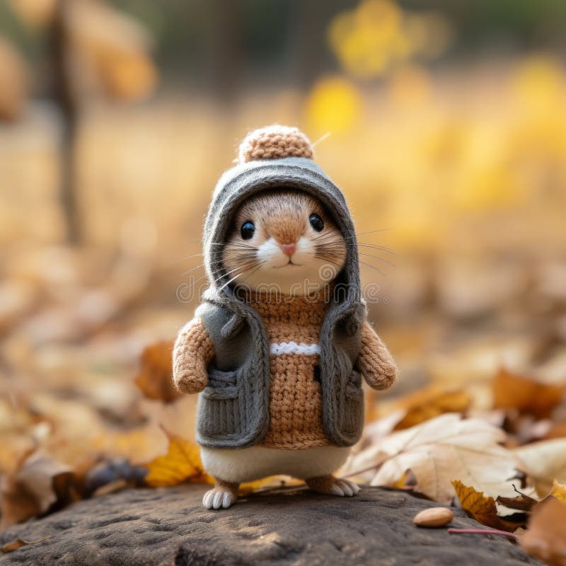 A Small Squirrel Wearing a Sweater and Hat on a Log in the Fall Stock ...
