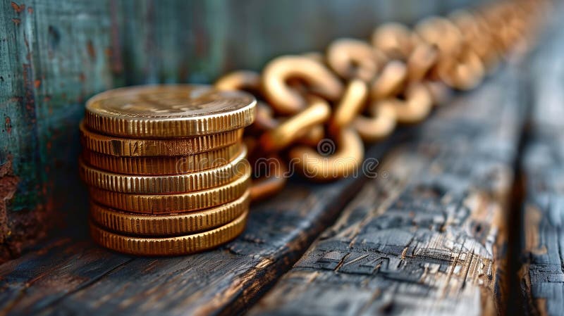 Small Stack of Coins and Chain on Wooden Boards Image Copy Space, Ai ...