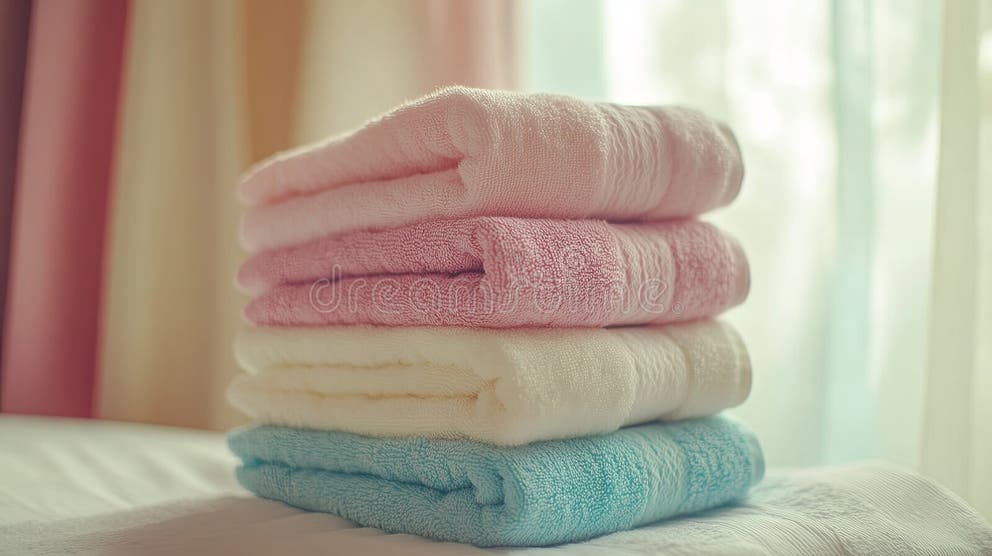 A Small Stack of Freshly Folded Towels in Pastel Colors for a Spring ...