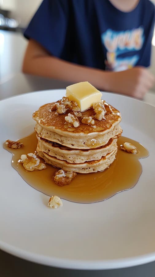 Small Stack Pancakes White Plate Surrounded Maple Syrup Stock Photos ...