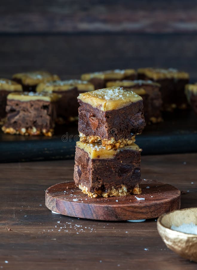 A Small Stack of Pretzel Bottom Salted Caramel Chocolate Brownies ...