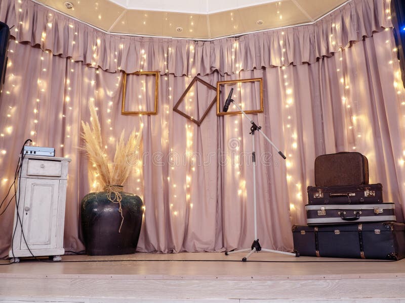 Small Stage With Orange Curtains In Cameral Private Cinema Stock Photo ...
