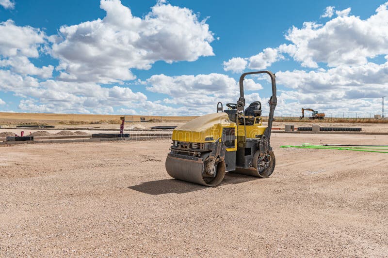 Small Steamroller at a Construction Site, Leveling the Ground Stock ...