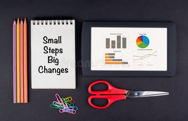 Small Steps Big Changes. Tablet, Pencils, Scissors, Paper Clips Stock ...