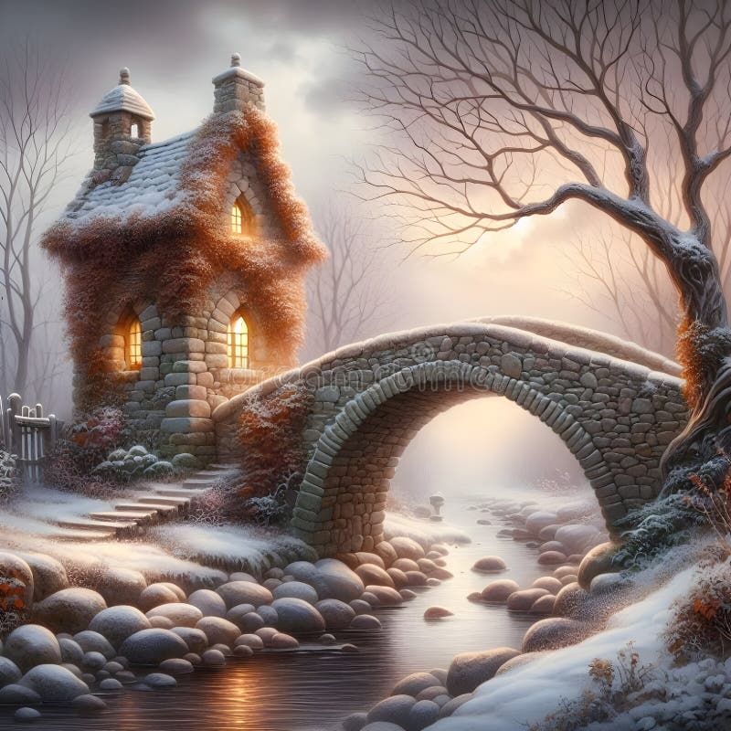 A Small Stone Bridge with an Arch Over a Gentle Steam,leading To an Old ...